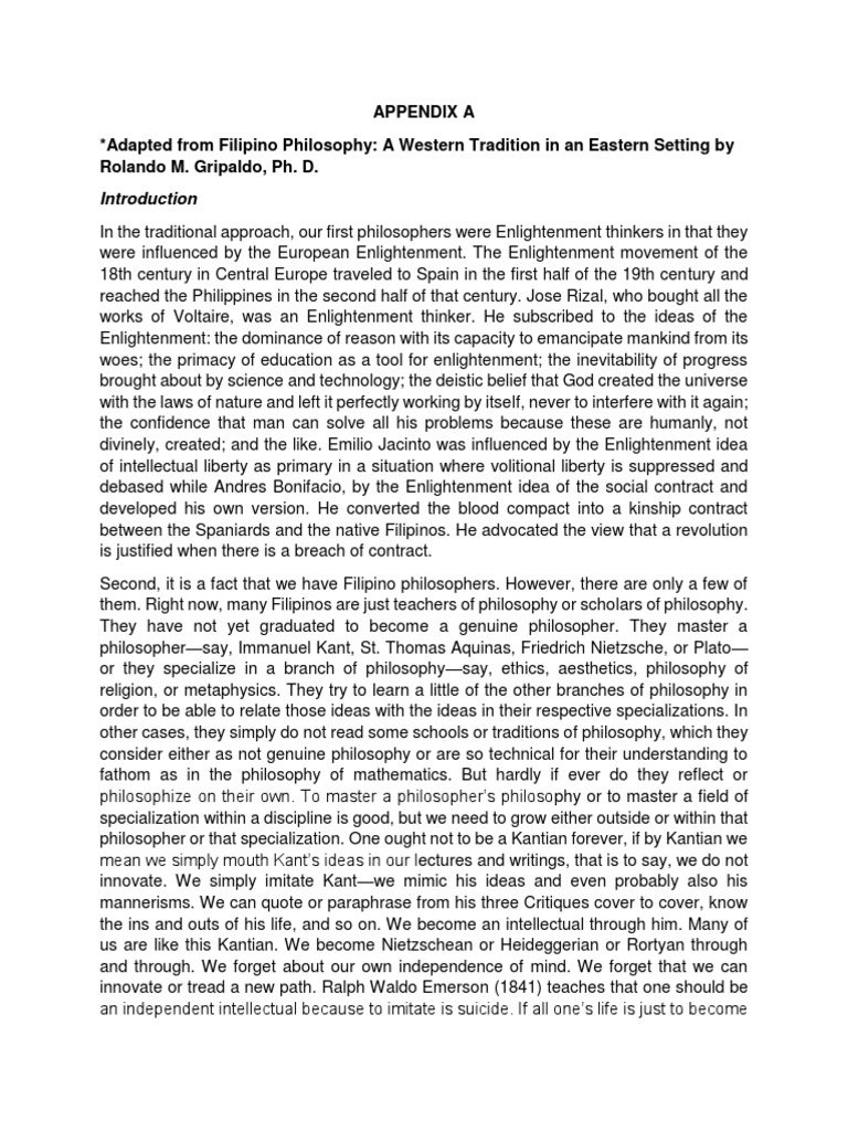 Appendix A Adapted From Filipino Philosophy: A Western Tradition in An ...