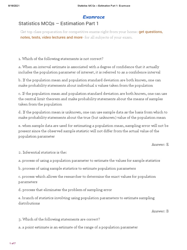Statistics Mcqs - Estimation Part 1: Examrace | PDF | Confidence ... Statistics Mcqs - Estimation Part 1: Examrace | PDF | Confidence ...