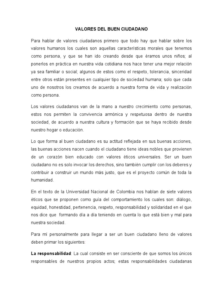 ENSAYO - Valores Del Buen Ciudadano | PDF | Tolerancia | Ciudadanía
