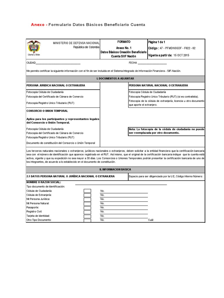 Anexo - Formulario Datos Básicos Beneficiario de Cuenta | PDF | Conceptos legales