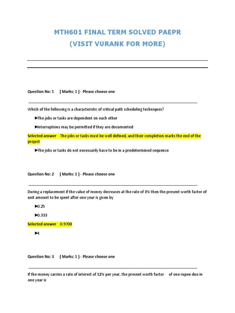 Mth601 Final Term Solved Mcqs | PDF | Linear Programming | Mathematics
