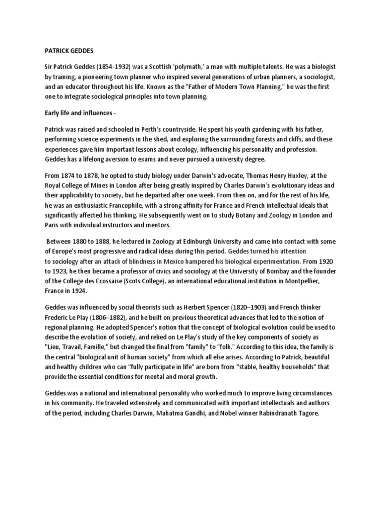 Sir Patrick Geddes (1854-1932): A Pioneering Thinker in Town Planning ...