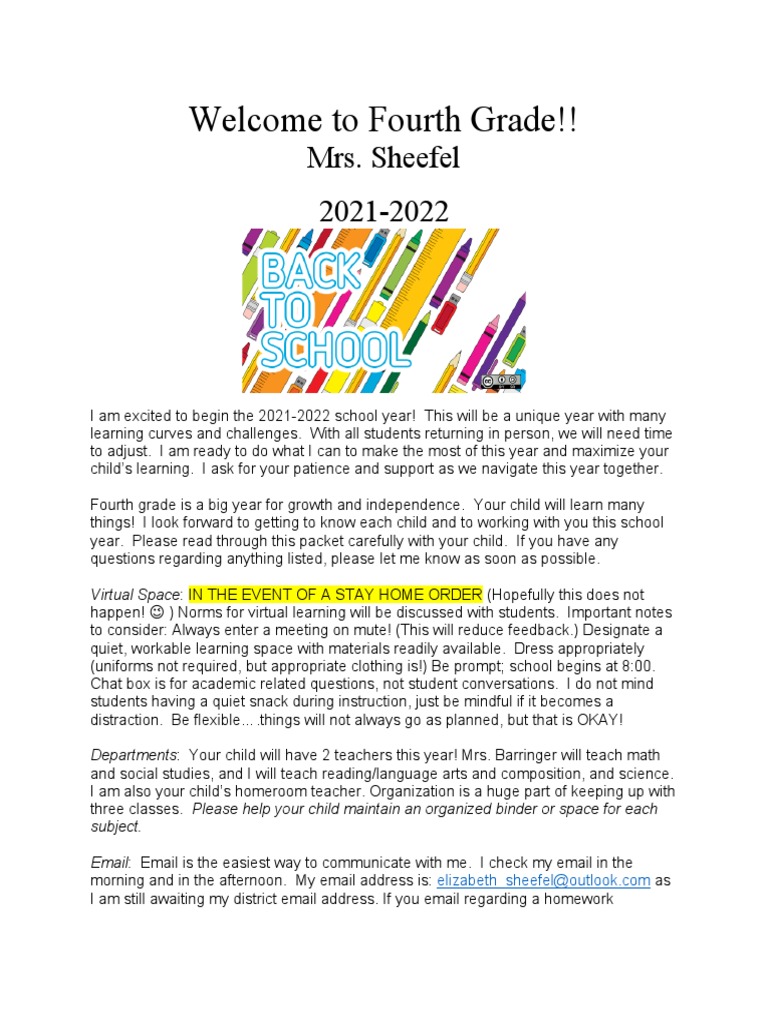 Welcome To The Fourth Grade 20-21 2 | PDF | Homework