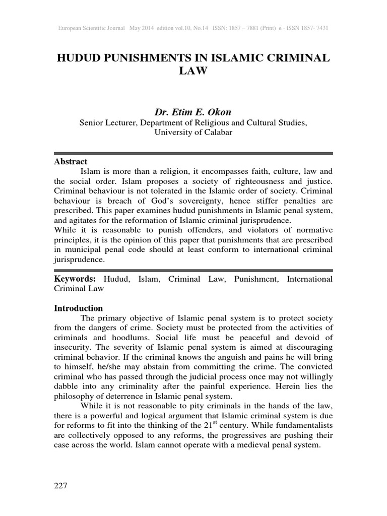 Hudud Punishments in Islamic Criminal LAW: Dr. Etim E. Okon | PDF | Crime & Violence | Crimes