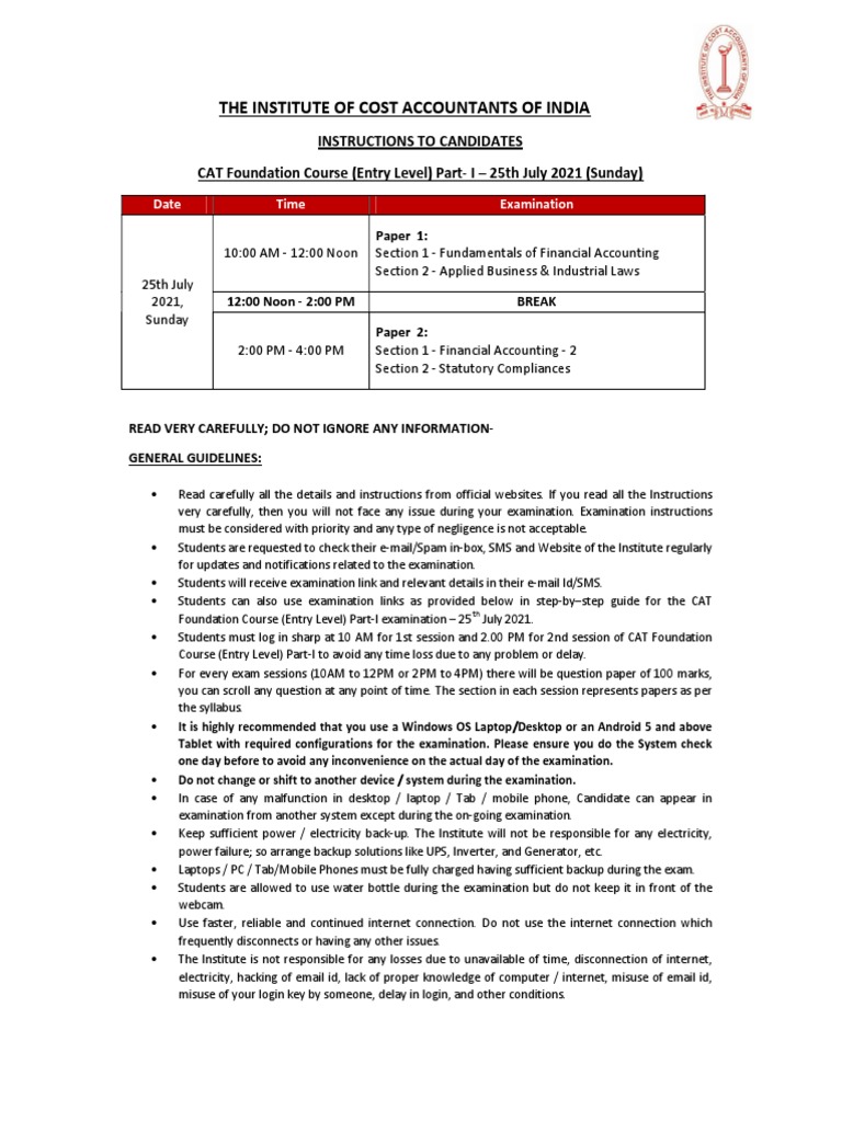 CAT Exam Day Instructions and Guidelines | PDF | Mobile App | Laptop