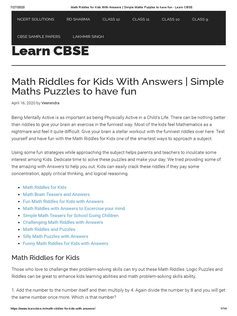Fun Math Riddles for Kids with Answers | PDF | Mathematics