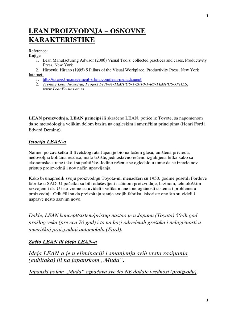 LEAN Koncept, Osnovne Karakteristike 2019 | PDF