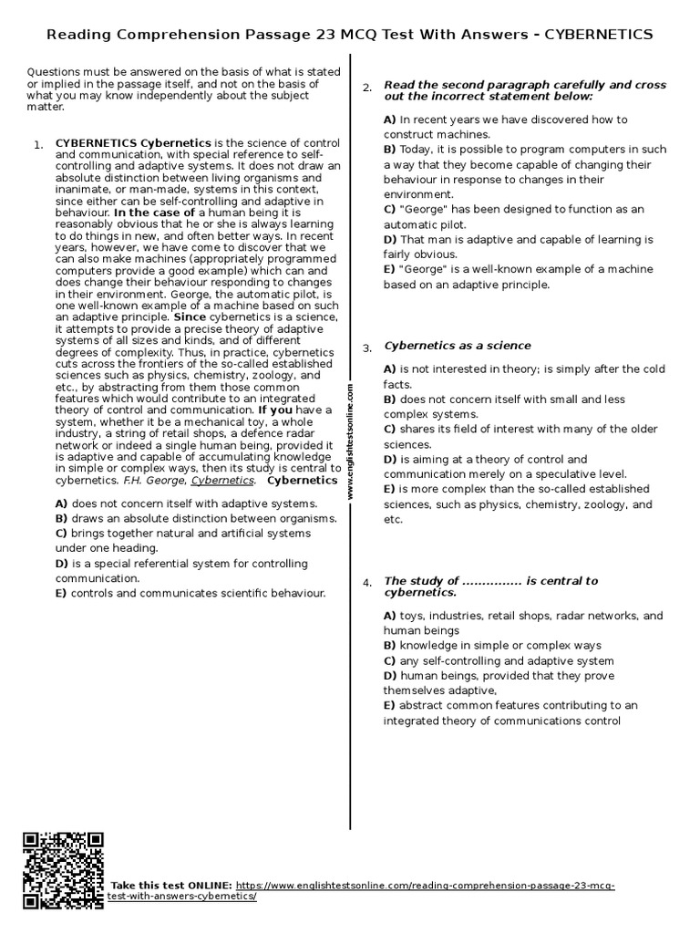 593 Reading Comprehension Passage 23 MCQ Test With Answers Cybernetics ...
