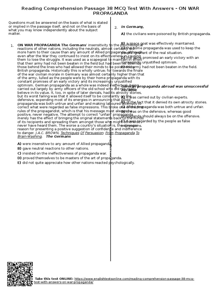 608 Reading Comprehension Passage 38 MCQ Test With Answers On War ...