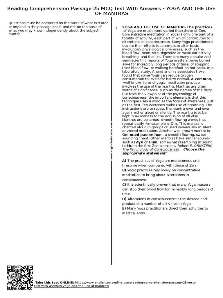 595 Reading Comprehension Passage 25 MCQ Test With Answers Yoga and The ...