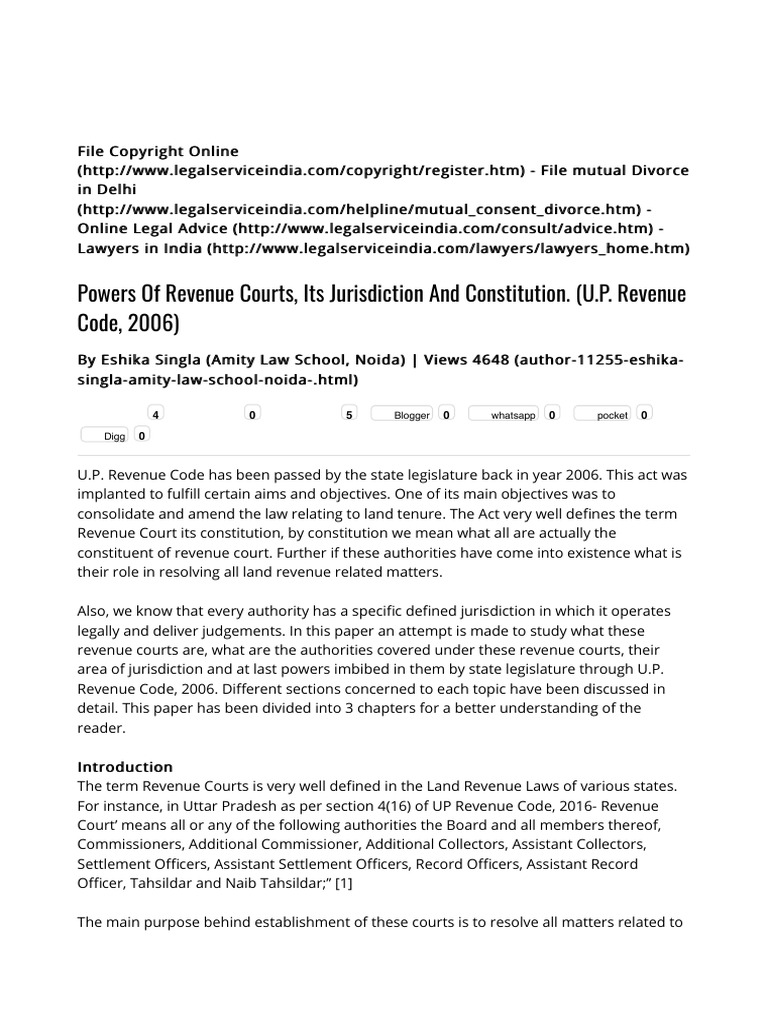 Powers of Revenue Courts, Its Jurisdiction and Constitution. (U.P. Revenue Code | PDF | Appeal ...