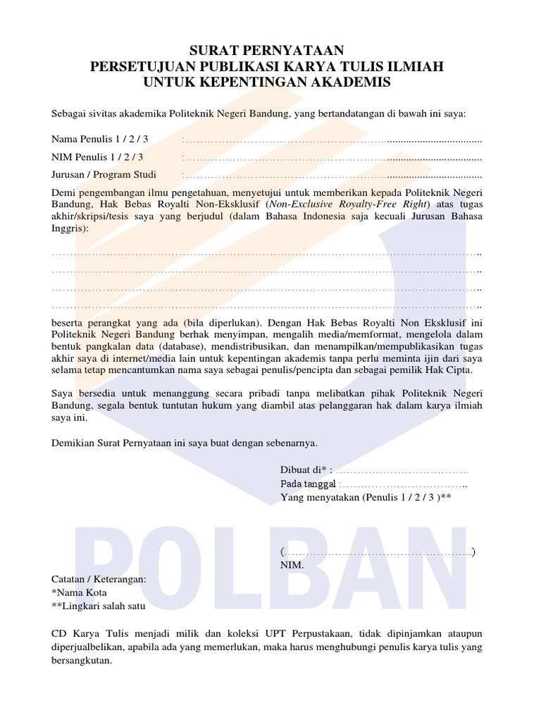 Surat Pernyataan Persetujuan Publikasi Karya Tulis 2020 | PDF