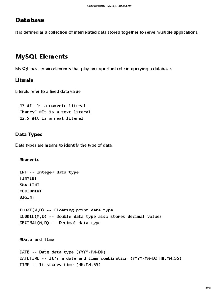 MySQL Cheatsheet CodeWithHarry | PDF | Relational Database | Table (Database)
