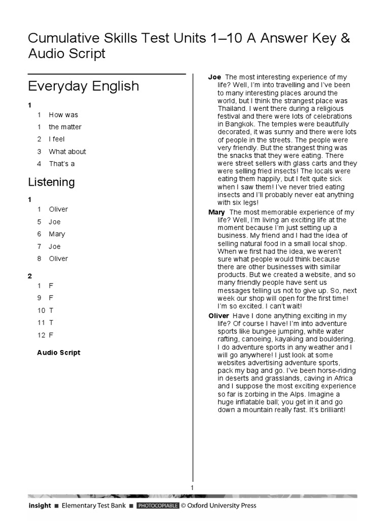 Cumulative Skills Units 1 10 A Answer Key Audio Script | PDF