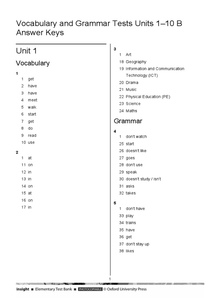 Vocabulary Grammar Units 1 10 B Answer Keys | PDF