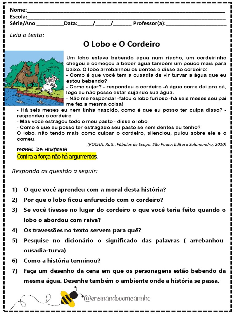 Plano de Aula de acordo com a BNCC da fábula o lobo e o cordeiro | PDF