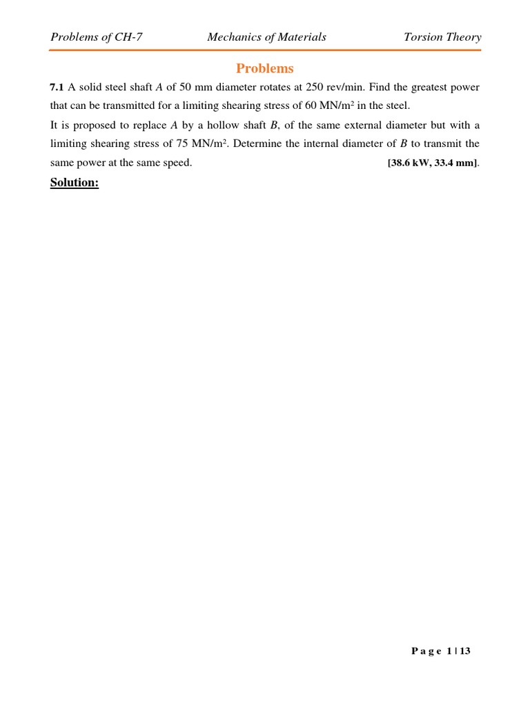 Problems CH-7 Torsion (Blank) | PDF | Strength Of Materials | Stress ...