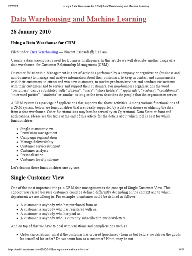 Using Data Warehouse For CRM | PDF | Data Warehouse | Customer ...
