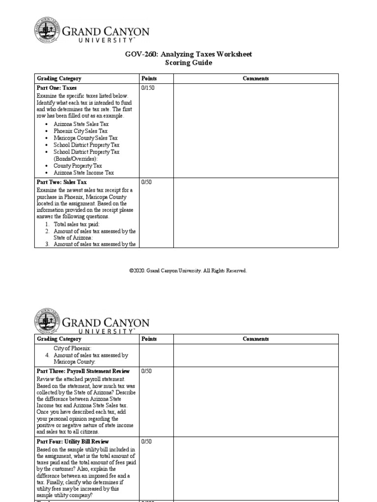 GOV-260: Analyzing Taxes Worksheet Scoring Guide: Grading Category ...
