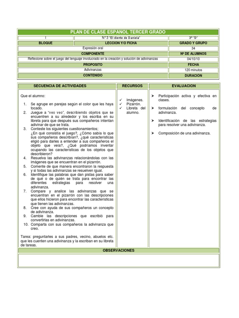PLAN DE CLASE ESPAÑOL TERCER GRADO