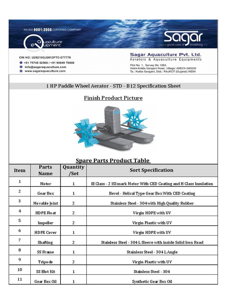 Finish Product Picture: 1 HP Paddle Wheel Aerator - STD - B12 ...