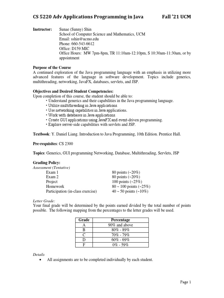CS 5220 Adv Applications Programming in Java Fall '21 UCM: Assessment (Tentative) | PDF | Java ...