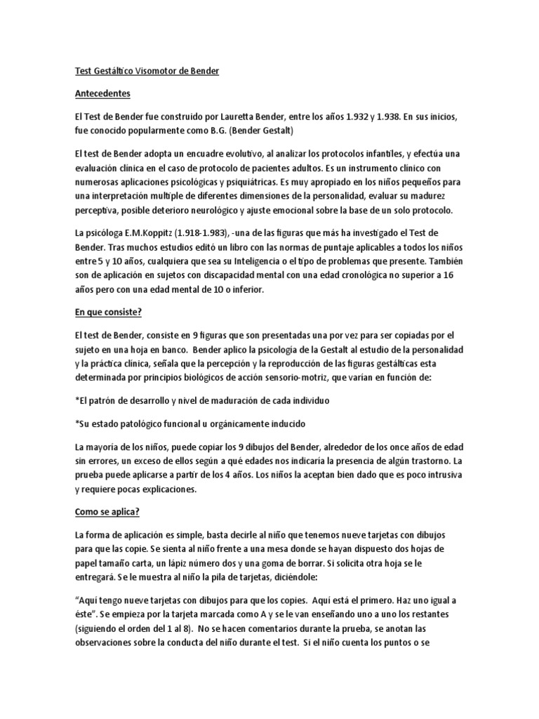 Test Gestáltico Visomotor de Bender Resumen | PDF | Las emociones ...
