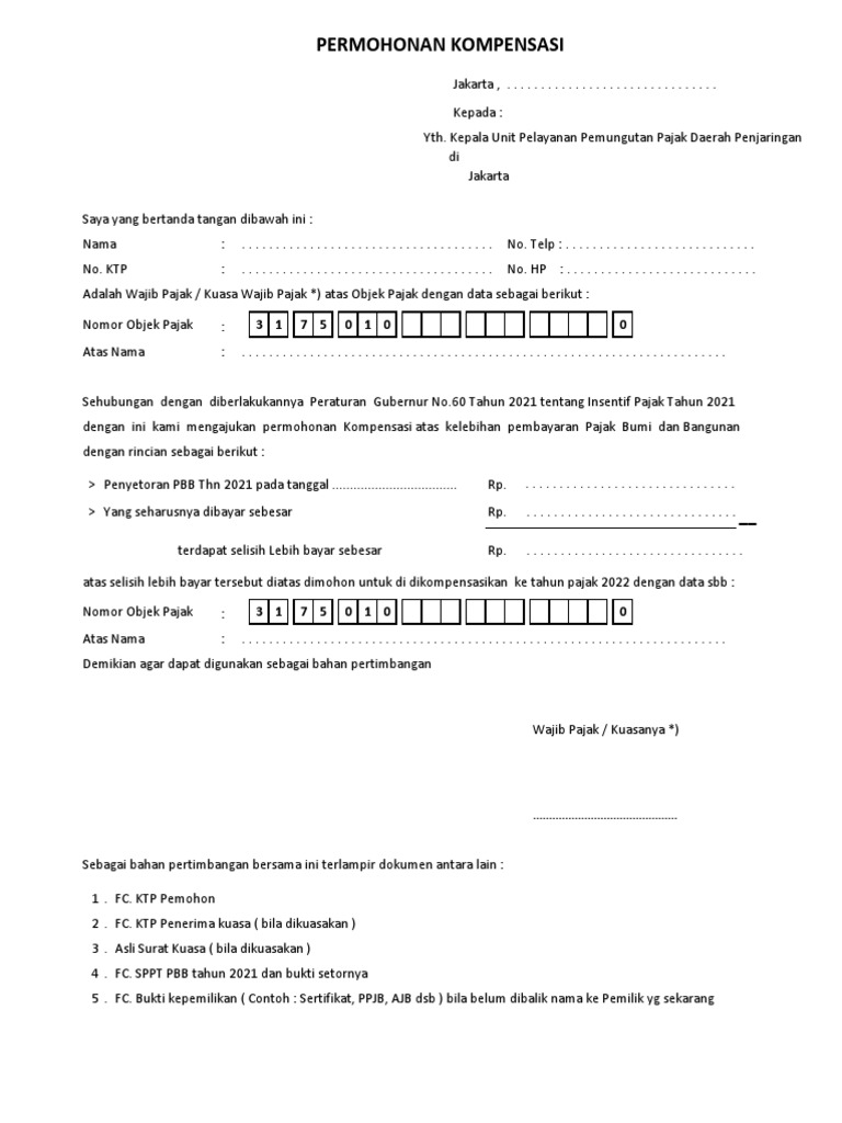 Form Permohonan Kompensasi PBB | PDF