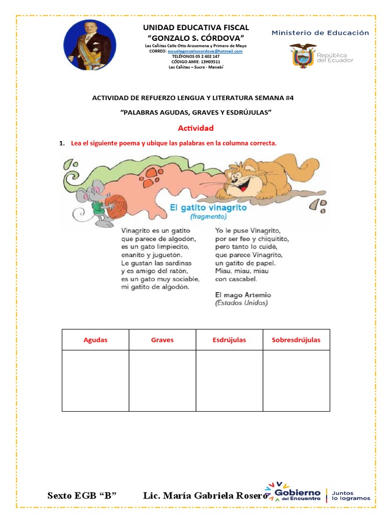 Actividad de Refuerzo Lengua y Literatura Semana 4 Lectura Palabras ...