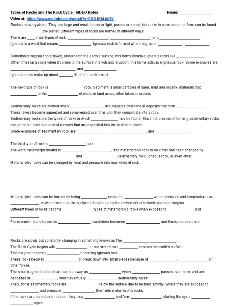 Types of Rocks and The Rock Cycle VIDEO NOTES | PDF | Rock (Geology ...