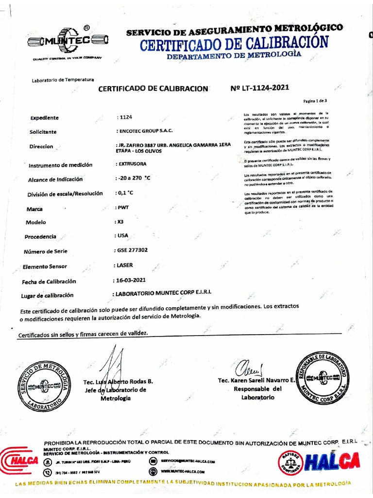Certificado de Calibracion de La Extrusora | PDF