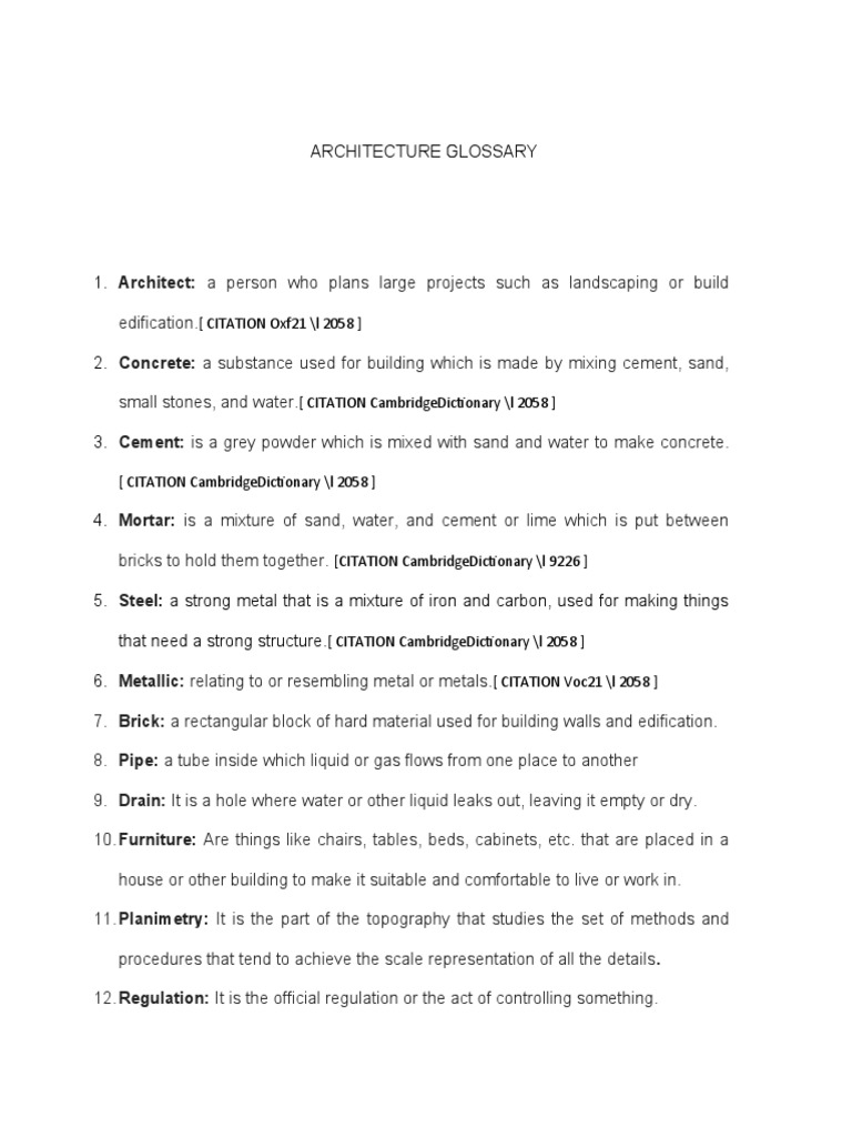 Architecture Glossary: (CITATION Oxf21 /L 2058) | PDF | Concrete | Cement