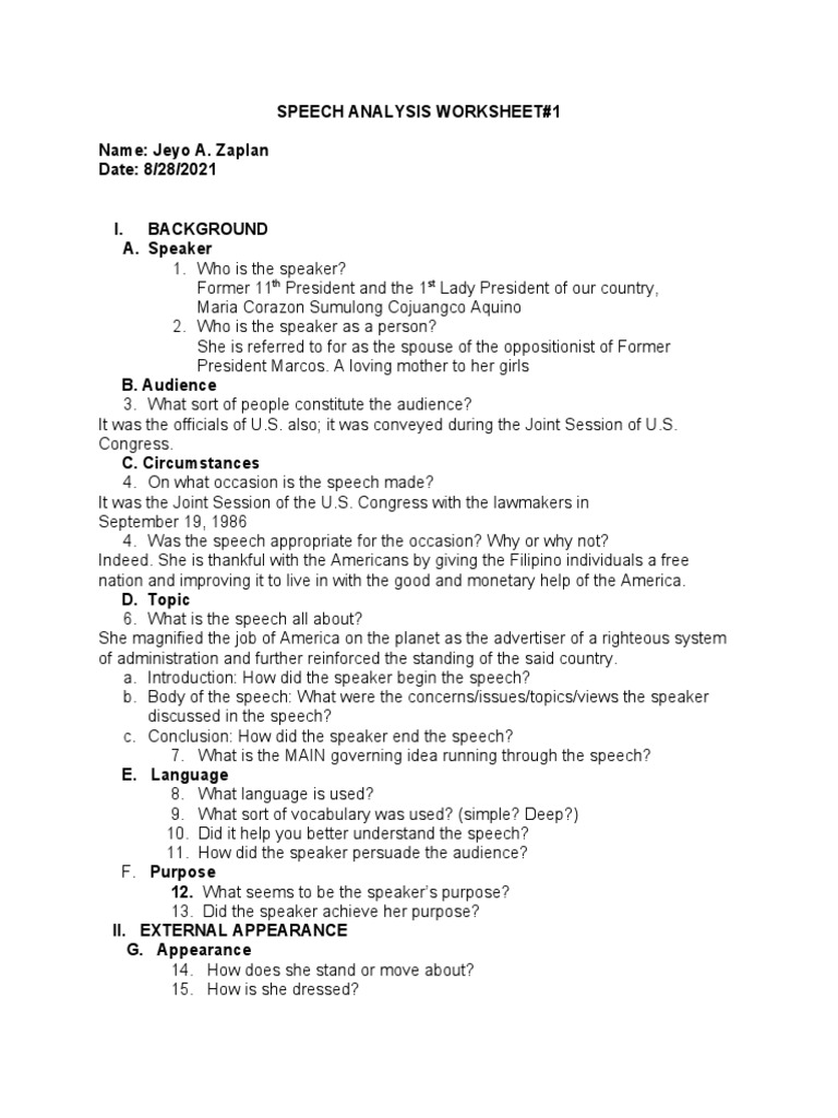 Speech Analysis Worksheet | PDF | Corazon Aquino | Speech