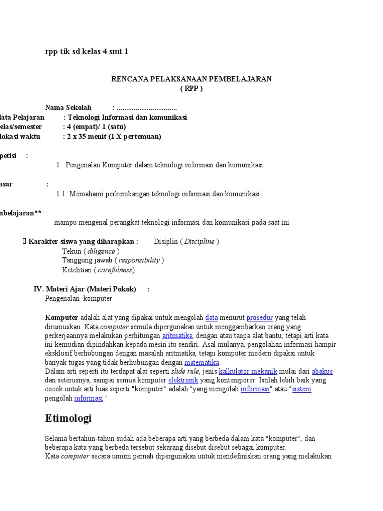 RPP Tik SD Kelas 4 SMT 1 | PDF
