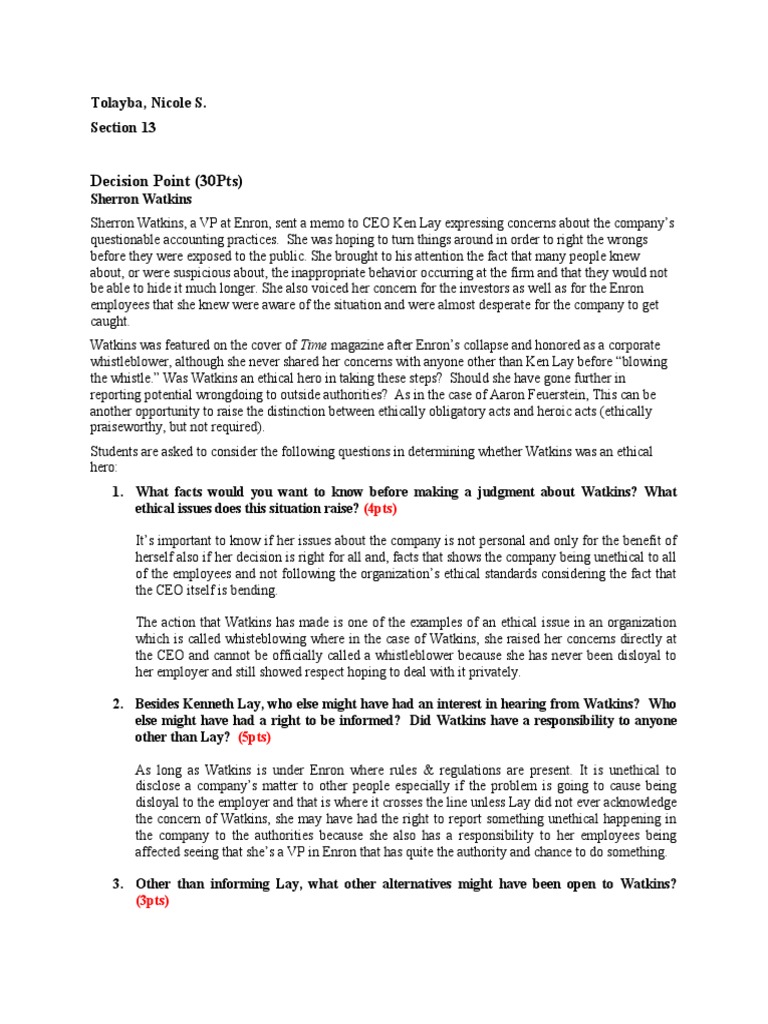 Decision Point - Sherron Watkins | PDF | Whistleblower | Applied Ethics