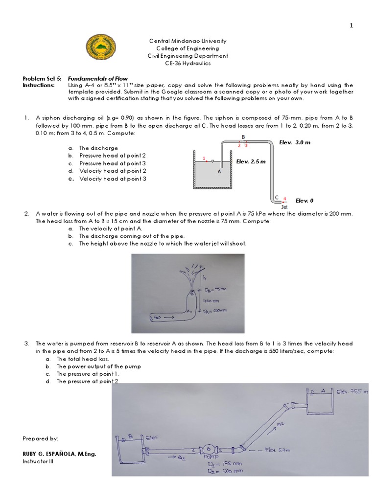 Problem Set 5: Fundamentals of Flow Instructions:: Elev. 3.0 M | PDF