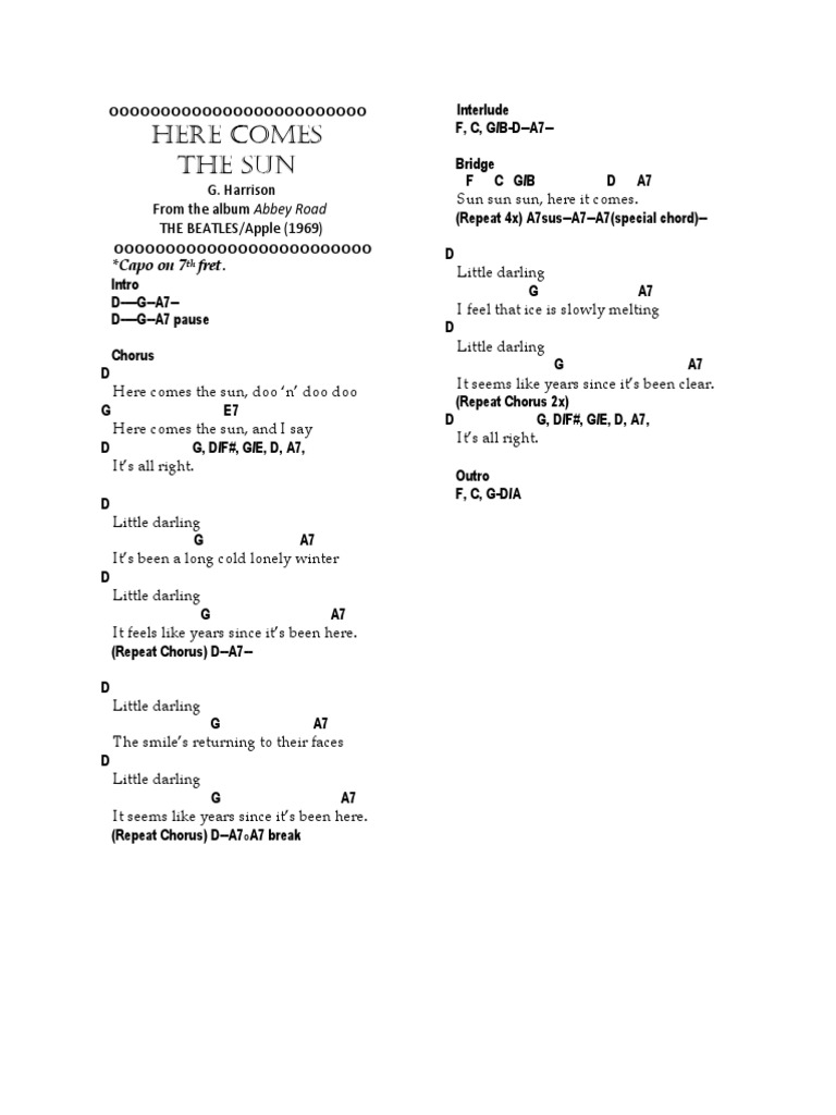 Here Comes the Sun - Sheet Music & Lyrics | PDF