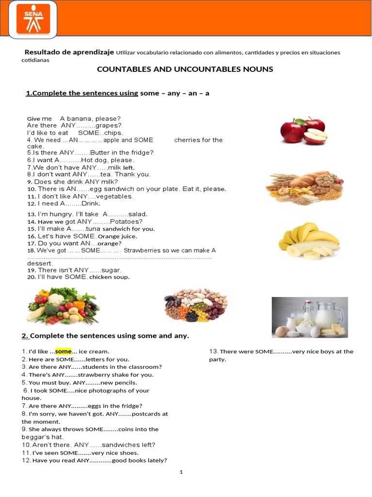 A1.2 Some, Any, A, An (Countable and Uncountable Nouns) | PDF | Food ...