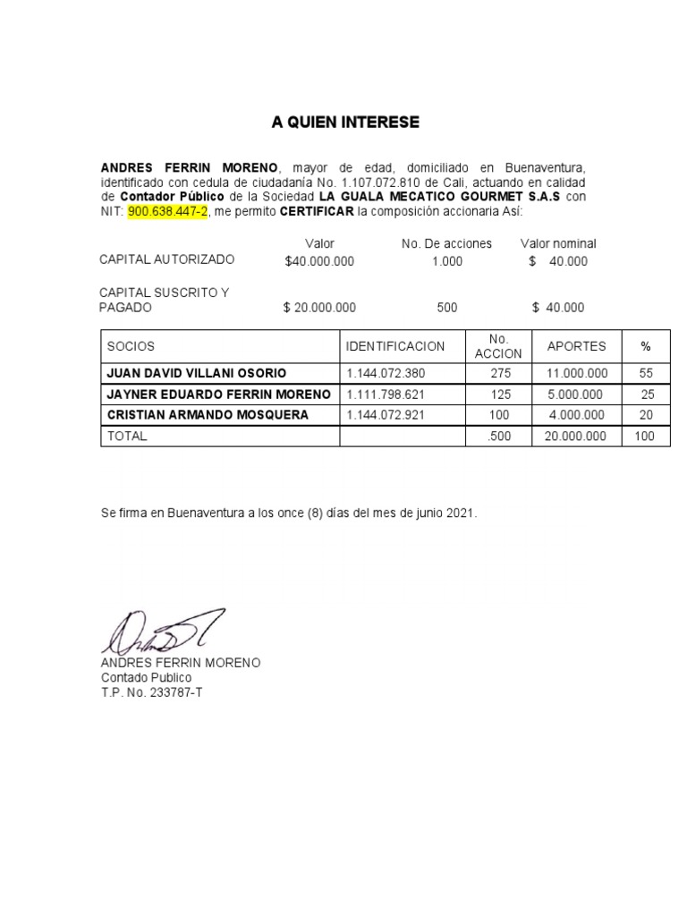 Certificado Participacion Accionaria GUALA | PDF
