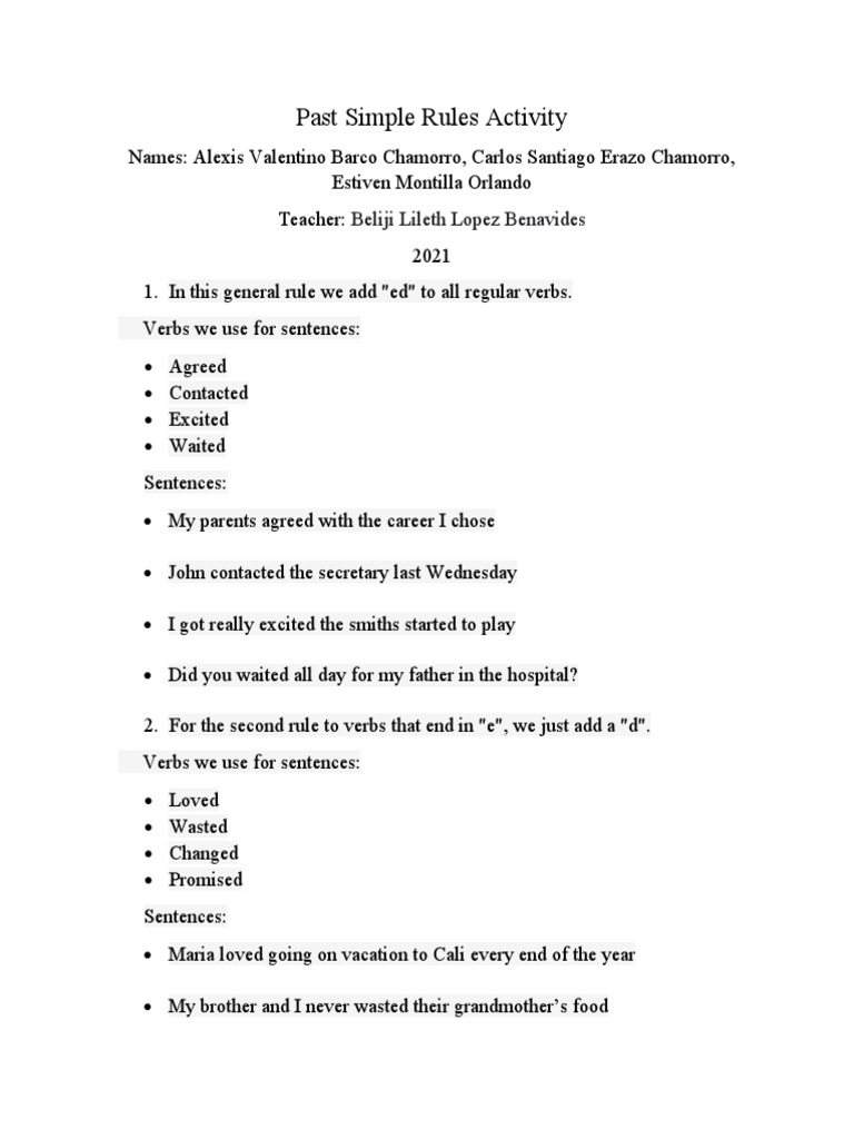 Past Simple Rules Activity | PDF