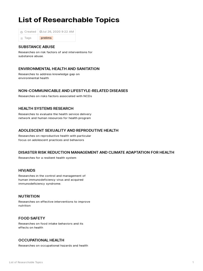 List of Researchable Topics: Created Tags | PDF | Health Care | Hiv/Aids