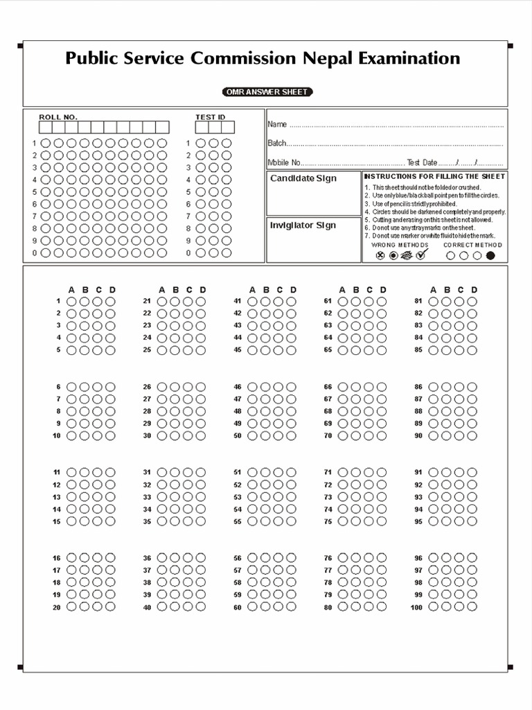 PSC Sample Omr Answer Sheet For Practice | PDF