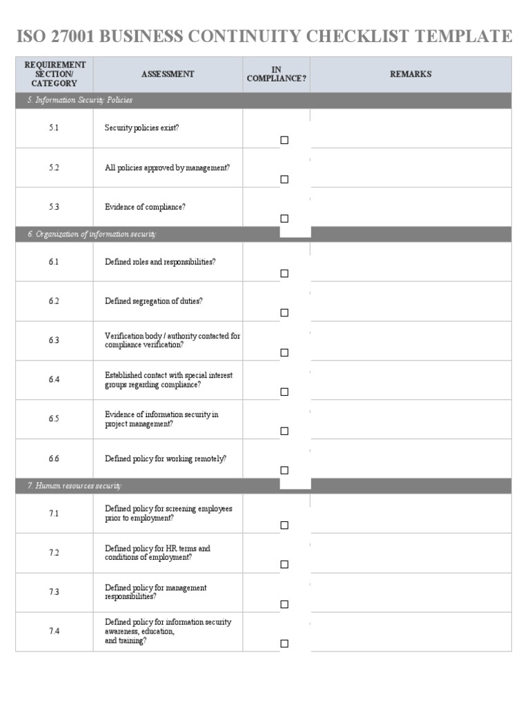 IC ISO 27001 Business Continuity Checklist 10838 | PDF | Information ...