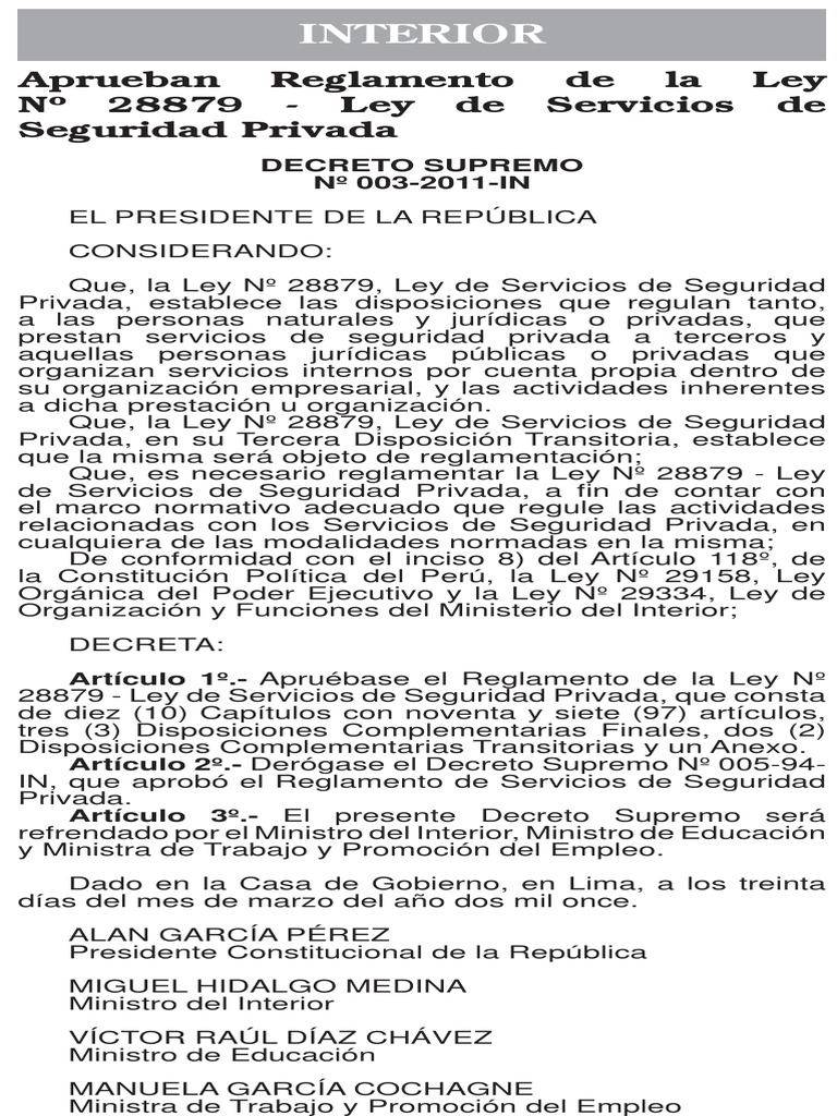 Reglamento de La Ley 28879 - Servicios de Seguridad Privada | PDF ...