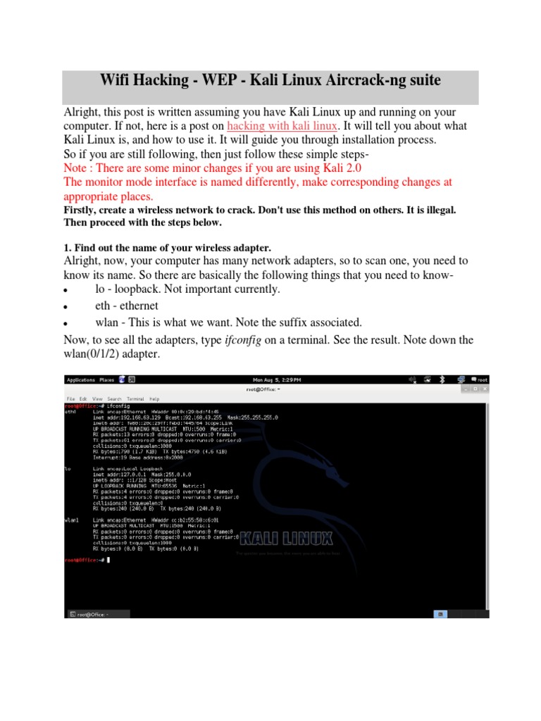 Wifi Hacking - WEP - Kali Linux Aircrack-Ng Suite | PDF