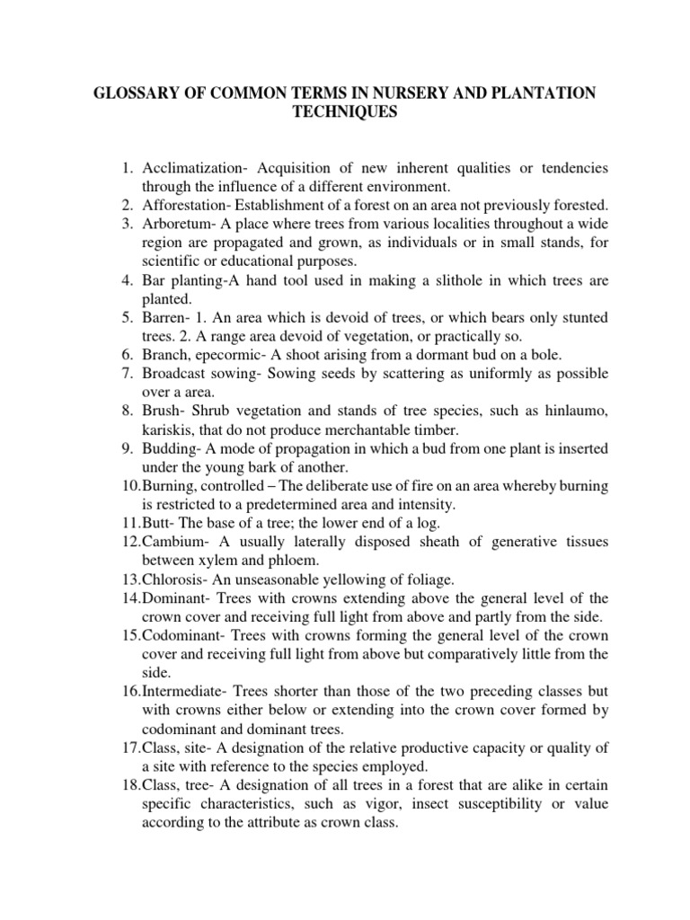 Glossary of Common Terms in Nursery and Plantation Techniques | PDF ...