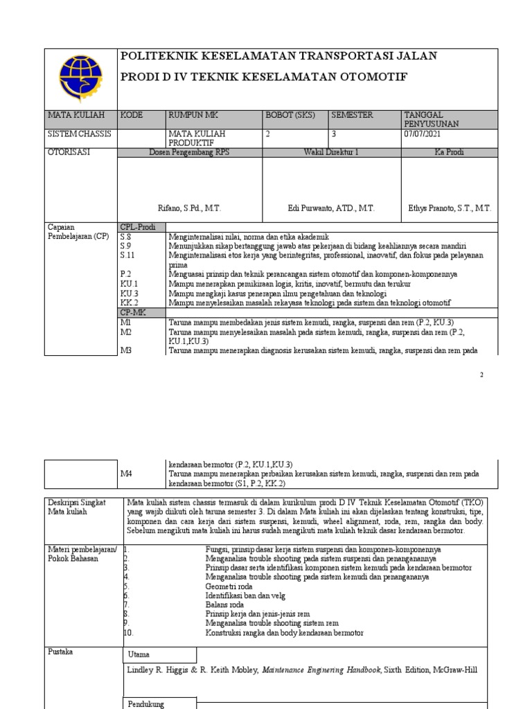 RPS Dan SAP 2 Pertemuan Sistem Chassis D IV TKO | PDF