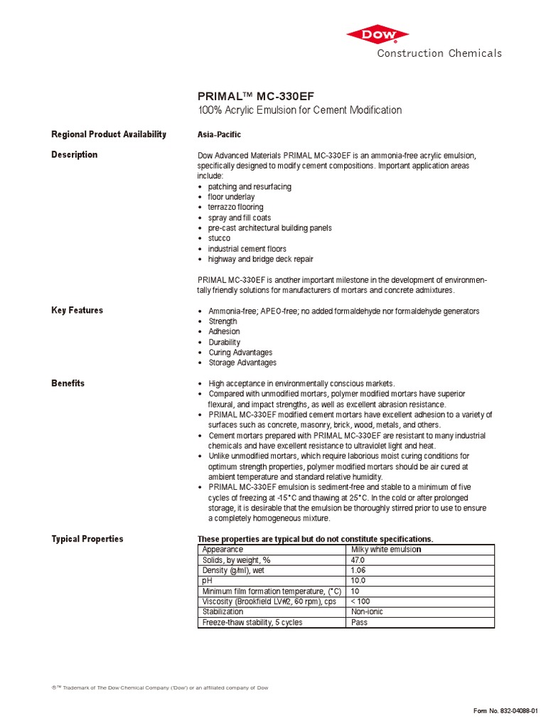 100% Acrylic Emulsion For Cement Modification: Primal™ Mc-330Ef | PDF ...