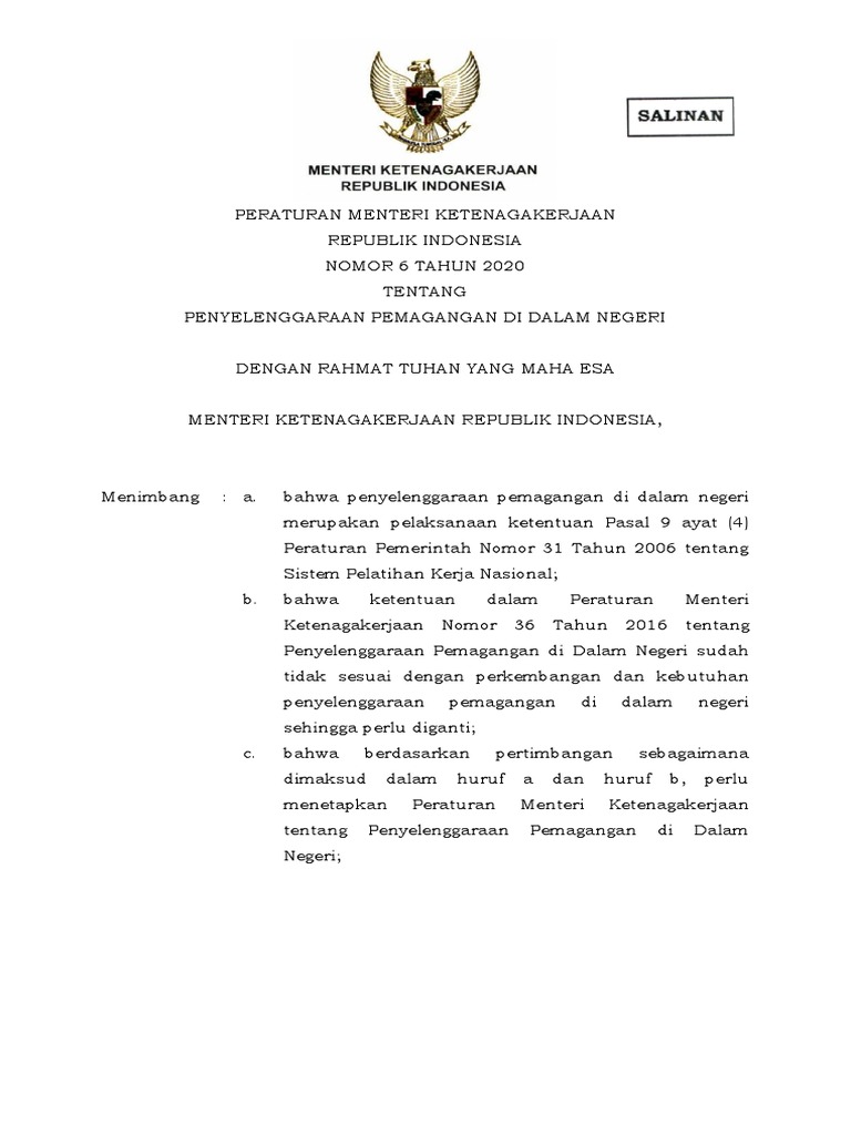 PERMENAKER Nomor 6 Tahun 2020 Tentang Penyelenggaraan Pemagangan Di ...