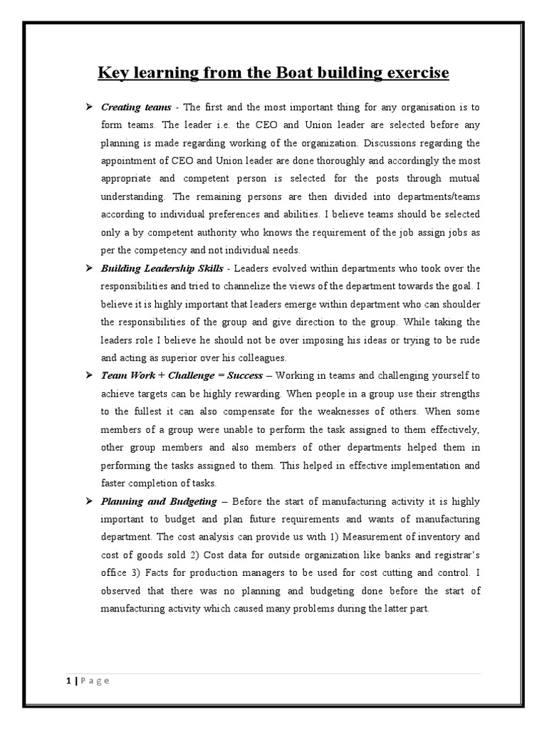 Key Learning From The Boat Building Exercise | PDF | Leadership | Business